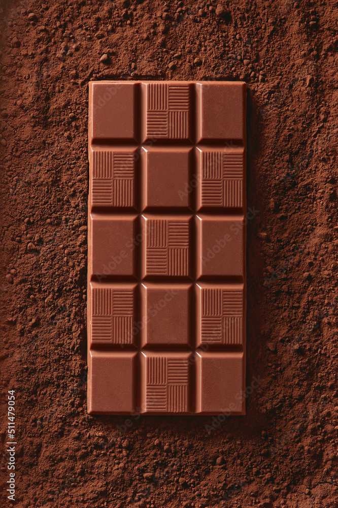 Chocolate bar on a cocoa background viewed from above. Top view Stock ...