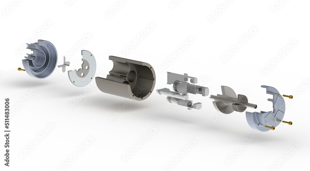Car air conditioning compressor section exploded view 3D rendering ...