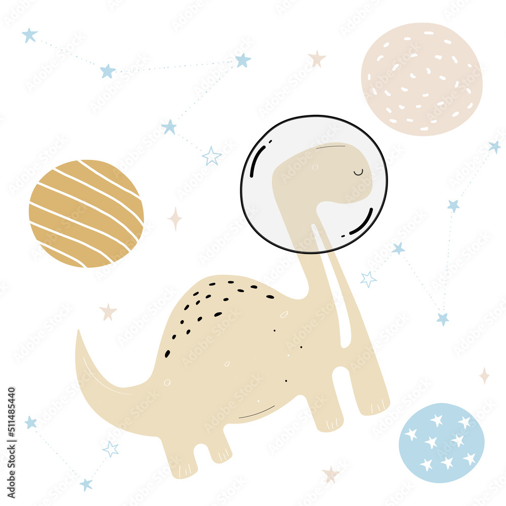 Vector hand-drawn dinosaurs in space. Cute dinosaur posters. Children's ...
