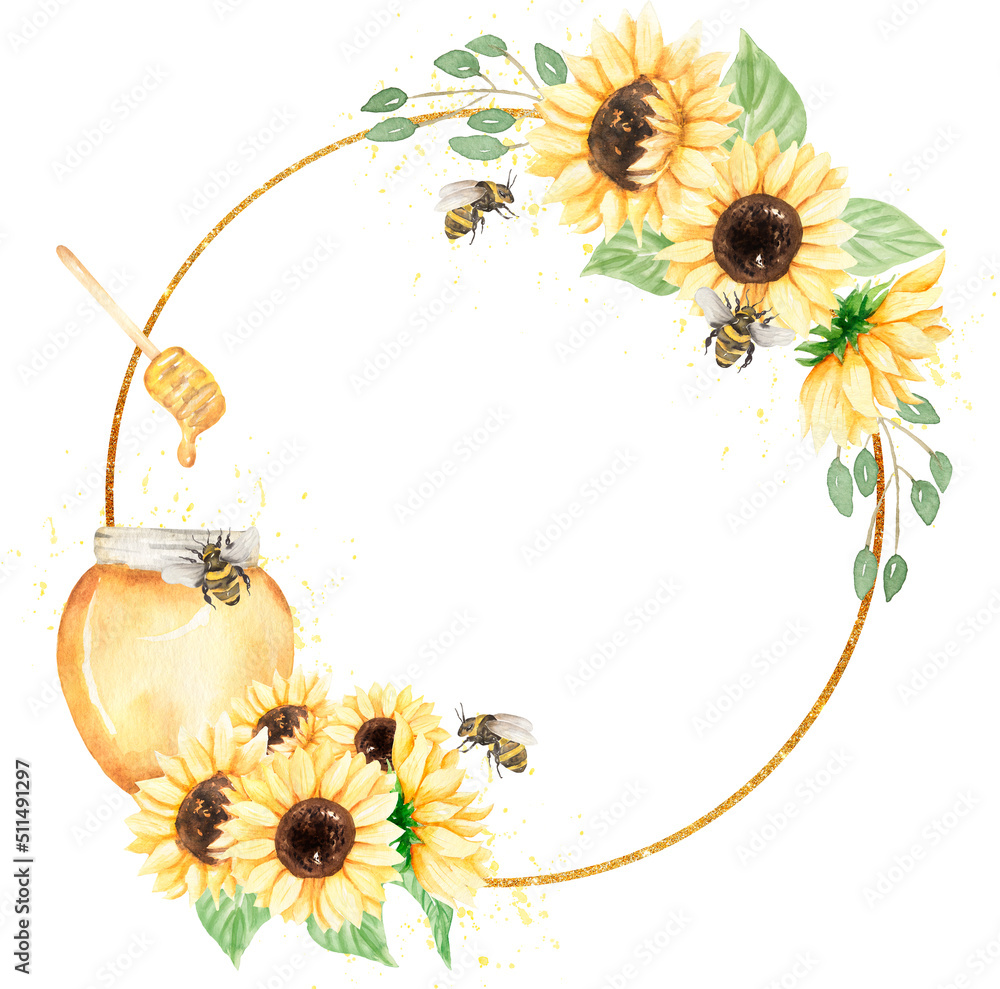 Sunflowers, bee and Honey Wreath Clipart, Watercolor Sunny Flower Frame ... Sunflowers, bee and Honey Wreath Clipart, Watercolor Sunny Flower Frame ...