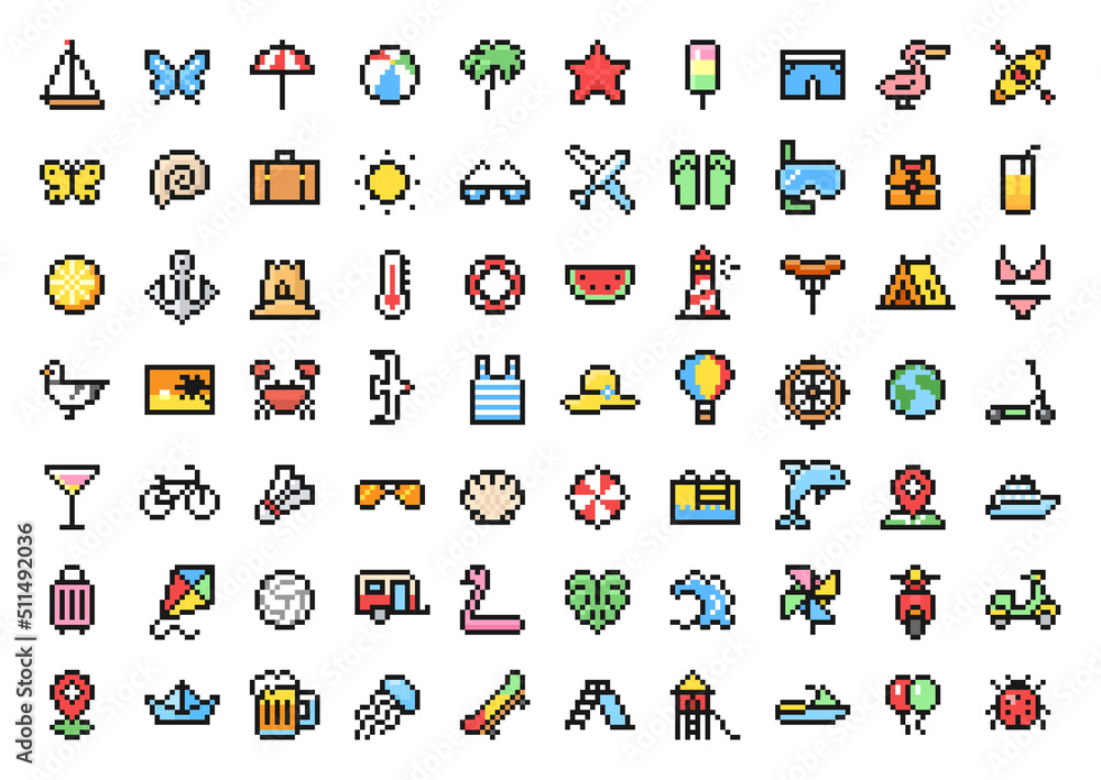 Summer vacation icons set in pixel art design isolated on white ...