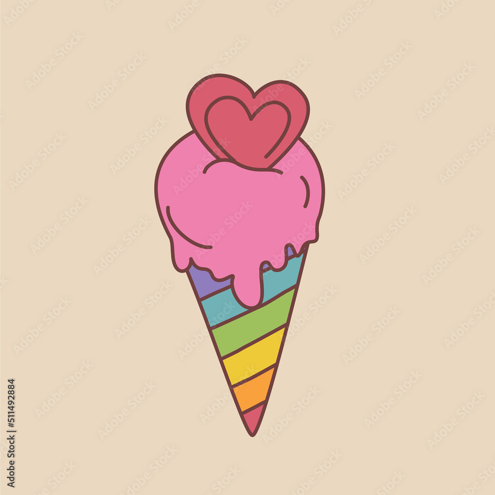LGBT Rainbow ice cream icon with heart in doodle style. Isolated vector ...
