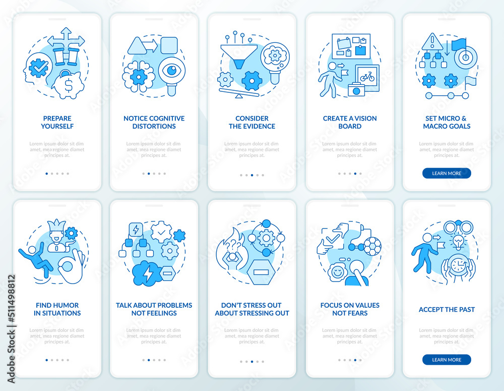 Adaptability blue onboarding mobile app screen set. Change walkthrough ...