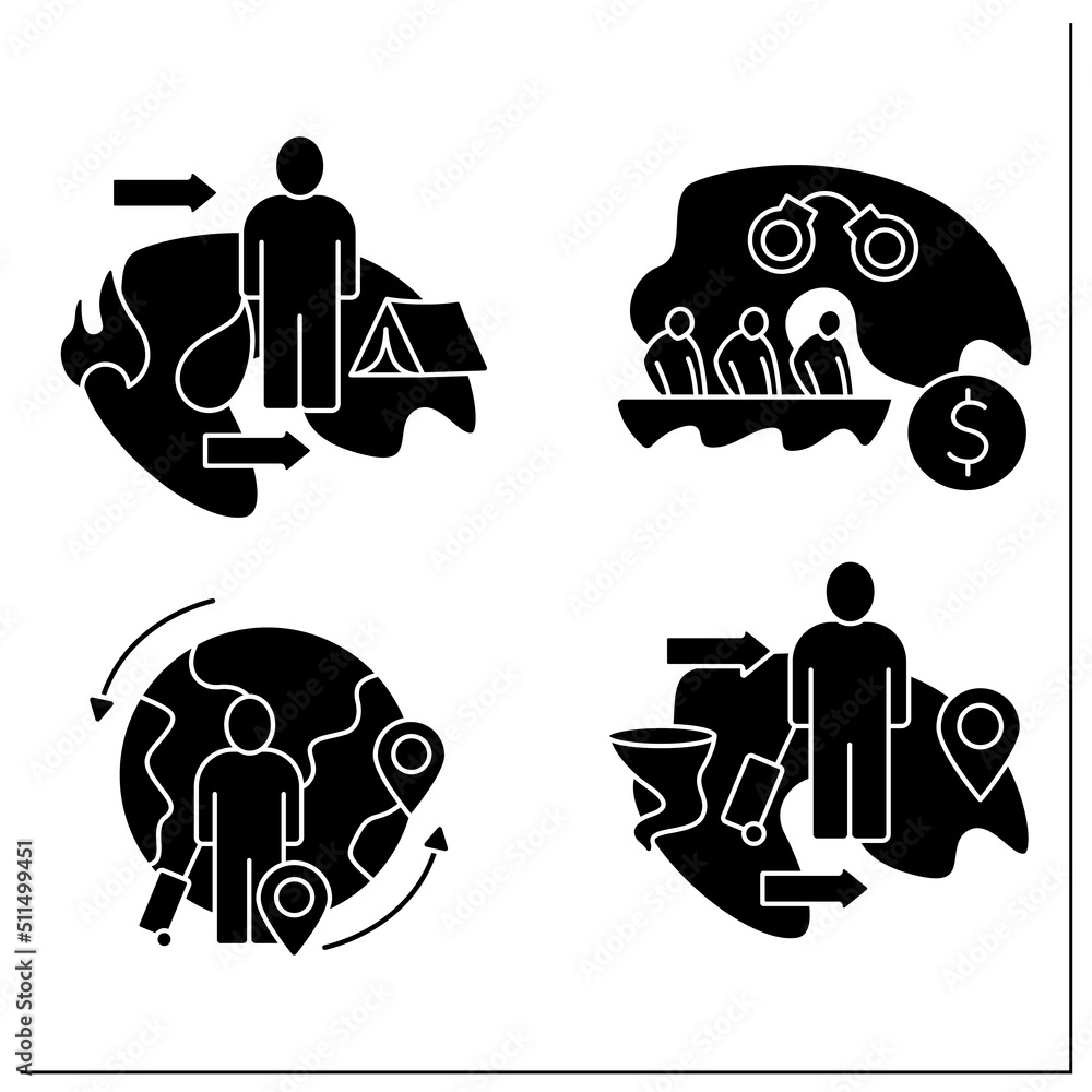 Migration glyph icons set. Climate, circular migration, refugee ...