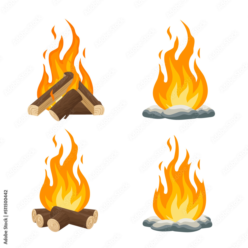 Bonfire set in vector cartoon style. Campfire with firewood and rocks ...