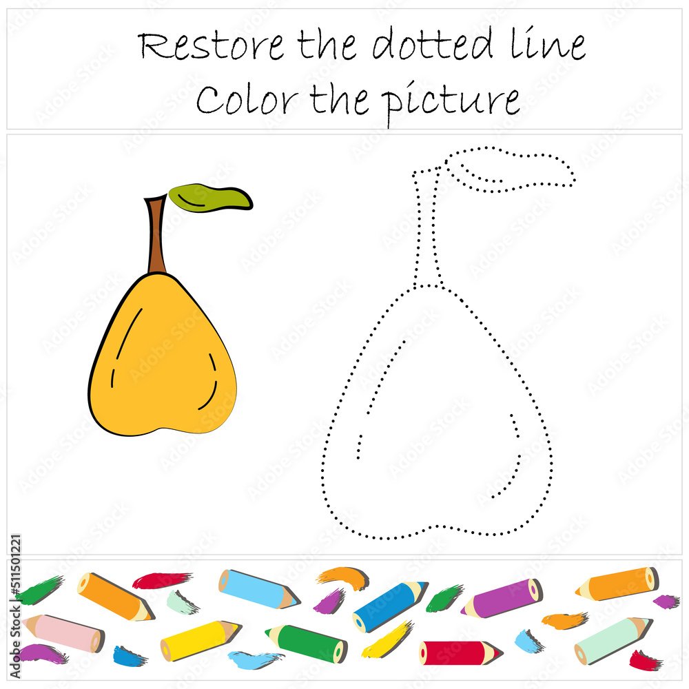 Pear. A page of a coloring book with a colorful fruit and a sketch for ...
