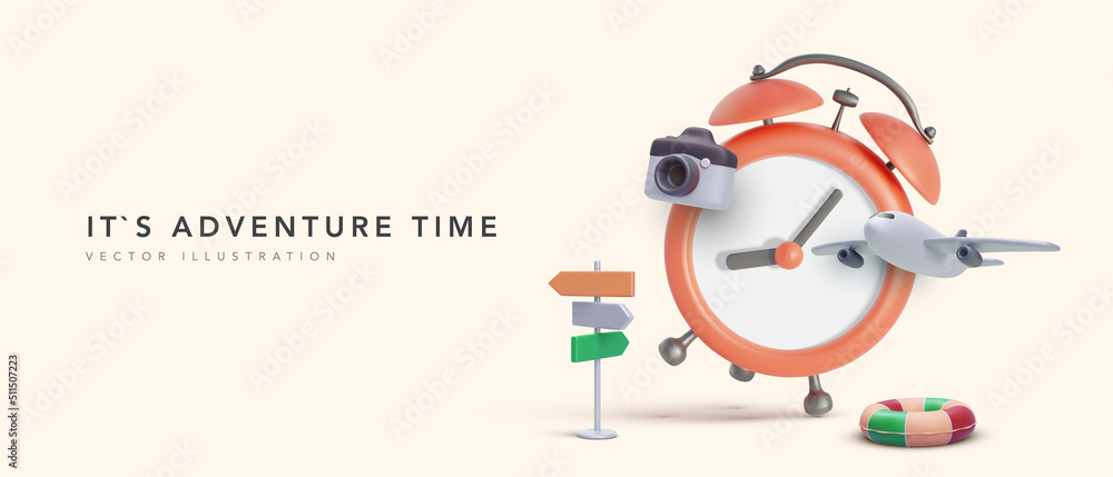 Adventure time concept poster in 3d realistic style with clock, camera ...