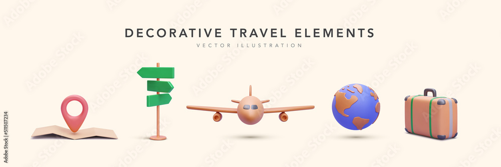 Set of travel elements in 3d realistic style map, road sign, airplane ...