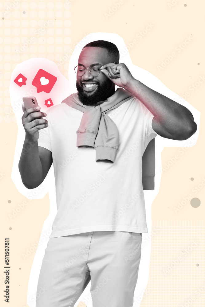 Vertical collage image of positive person black white effect hold use ...