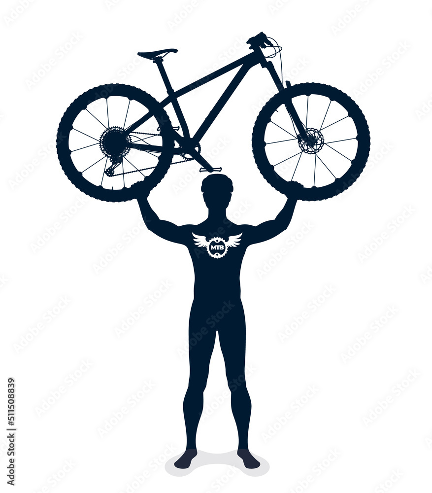 Vector black silhouette of a male cyclist holding a mountain bike ...