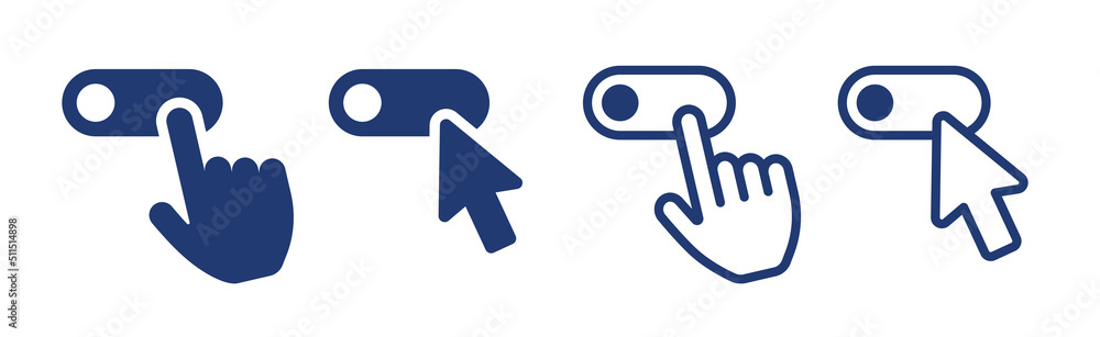 Switch button icon vector set. Click on toggle with cursor and hand ...
