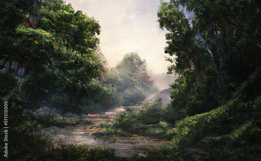 Fantastic Epic Magical Forest Landscape. Summer beautiful mystic nature ...
