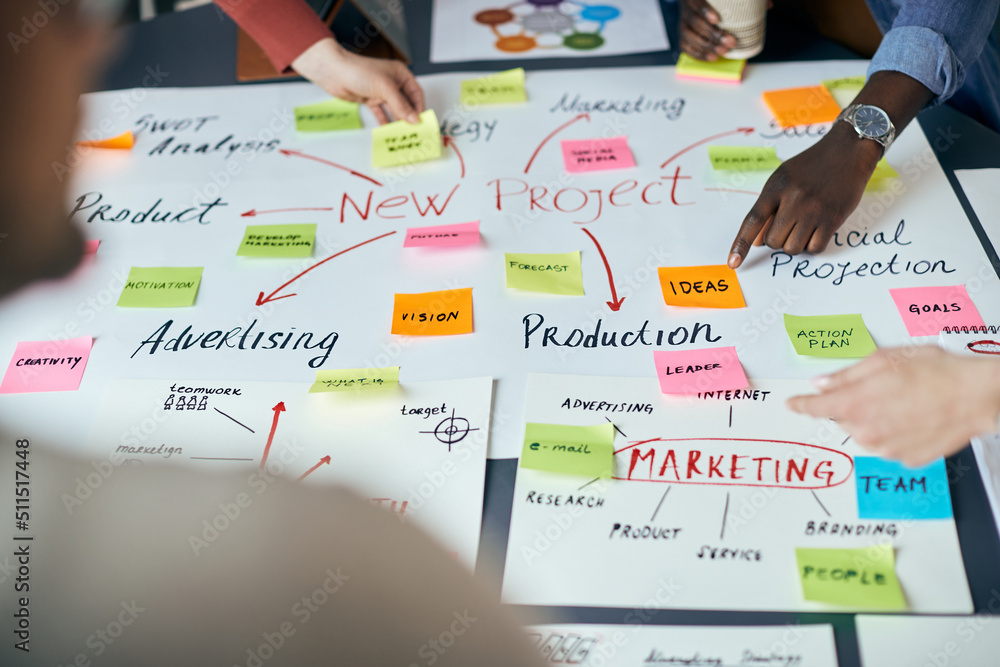 Close up of creative business team brainstorming while analyzing mind ...