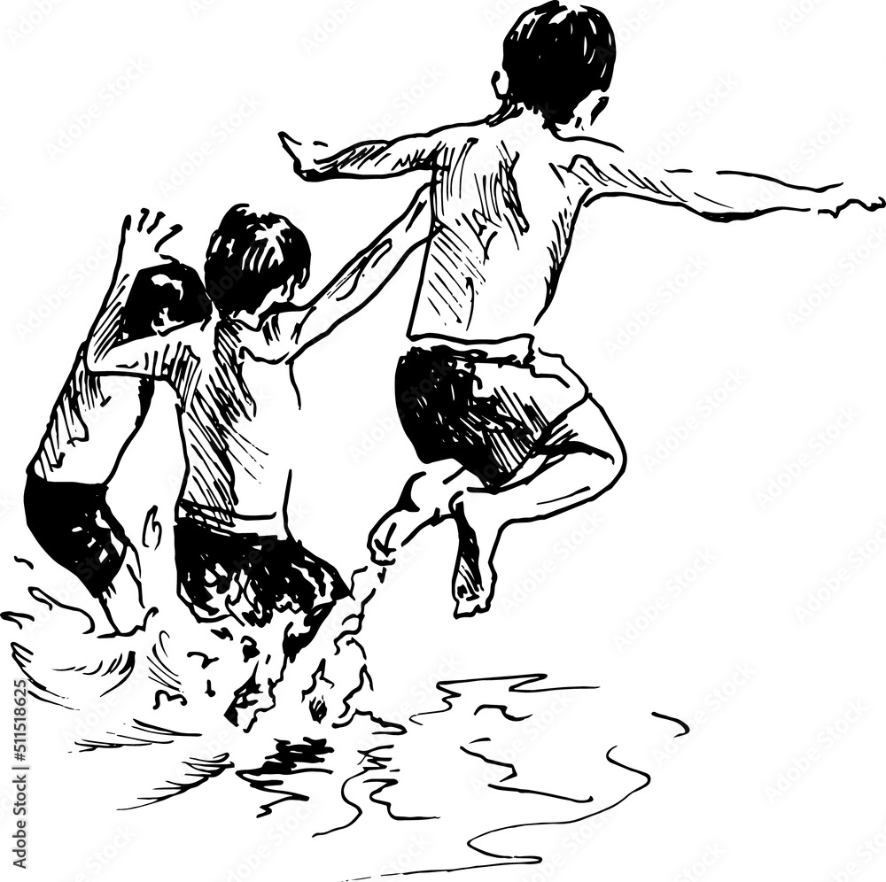 Hand sketch of boys jumping into the water. Vector illustration. Stock ...