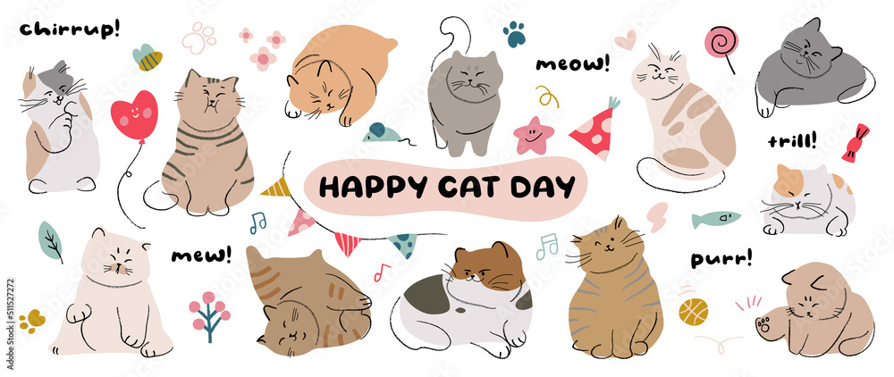 Cute cats and funny kitten doodle vector set. Happy international cat ...