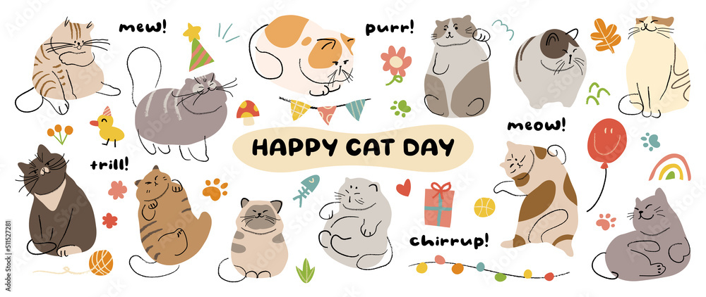 Cute cats and funny kitten doodle vector set. Happy international cat ...