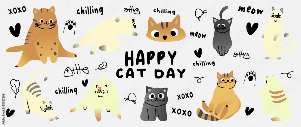 Cute cats and funny kitten doodle vector set. Happy international cat ...