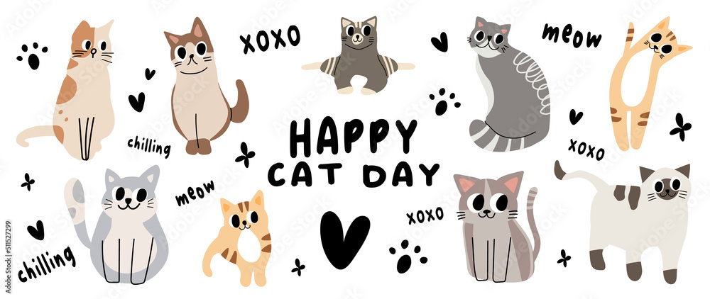 Cute cats and funny kitten doodle vector set. Happy international cat ...
