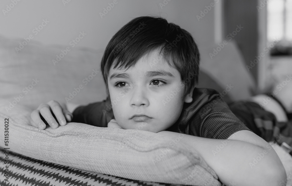Black and White portrait Kid bored face looking deep in thought,Lonely ...