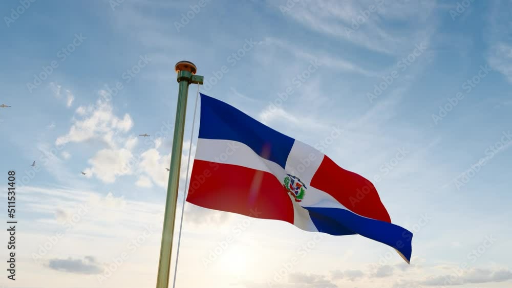 Flag of dominican republic waving in the wind, sky and sun background ...