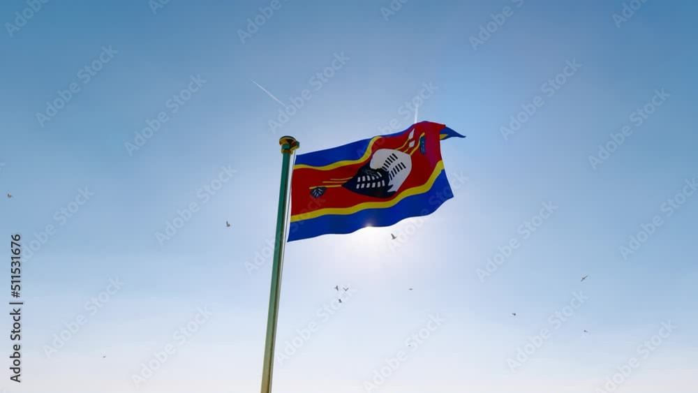 Flag of Eswatini waving in the wind, sky and sun background video ...
