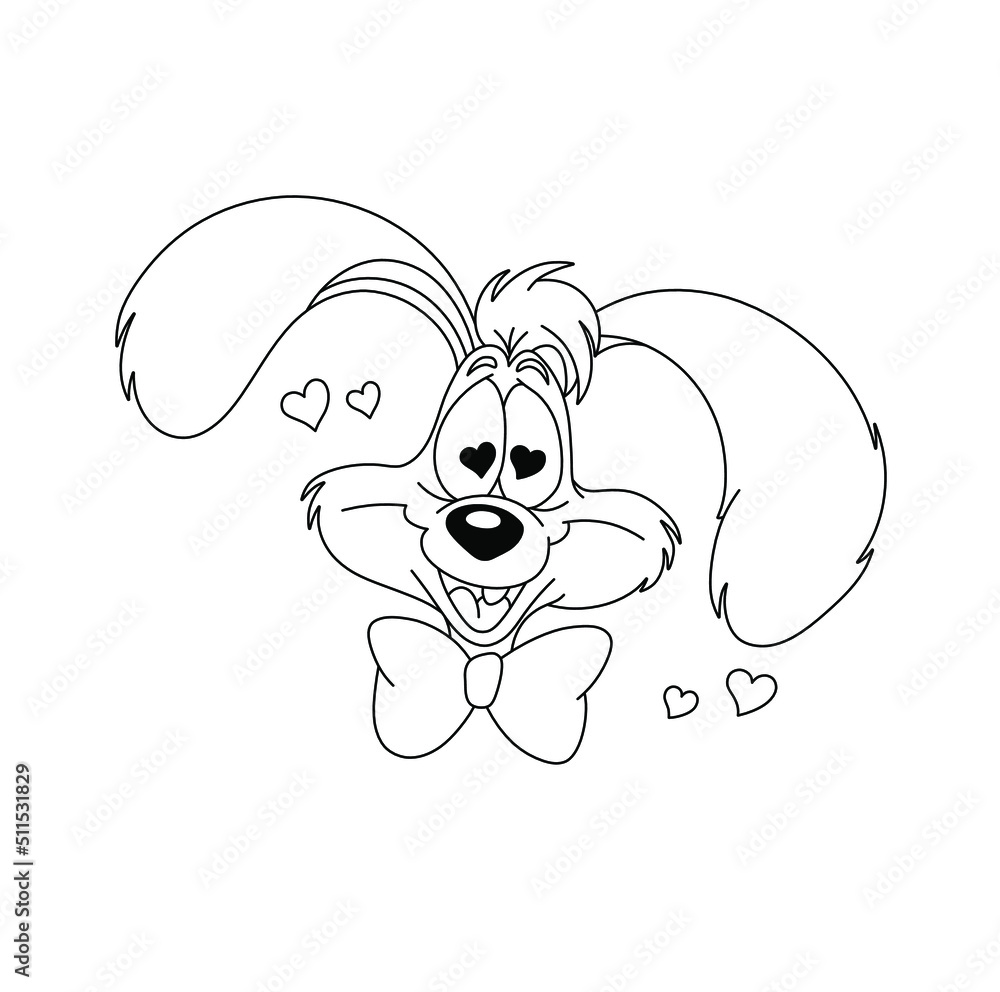 Vector isolated cute cartoon rabbit in love head colorless black and ...