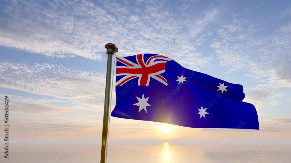 Flag of Australia waving in the wind, sky and sun background. Australia ...