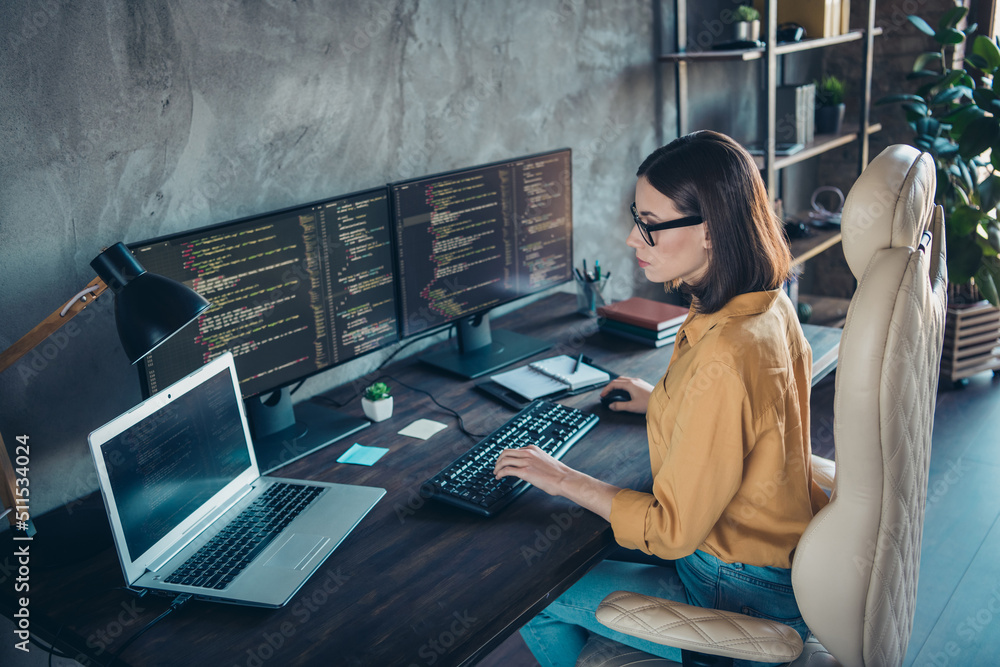 Profile side view portrait of attractive focused skilled girl web ...