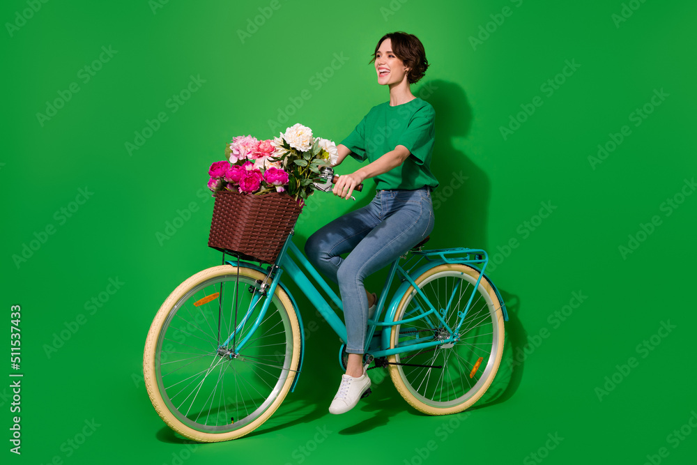 Full body profile photo of stunning cheerful lady ride bike look empty ...