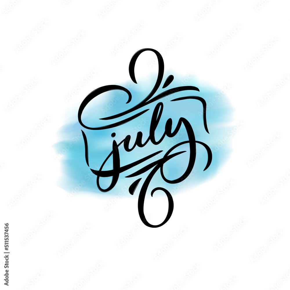 Vector lettering of summer month JULY on watercolor splash background ...
