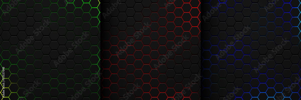 Set of abstract black hexagon pattern on neon light blue, Red and green background in technology ...