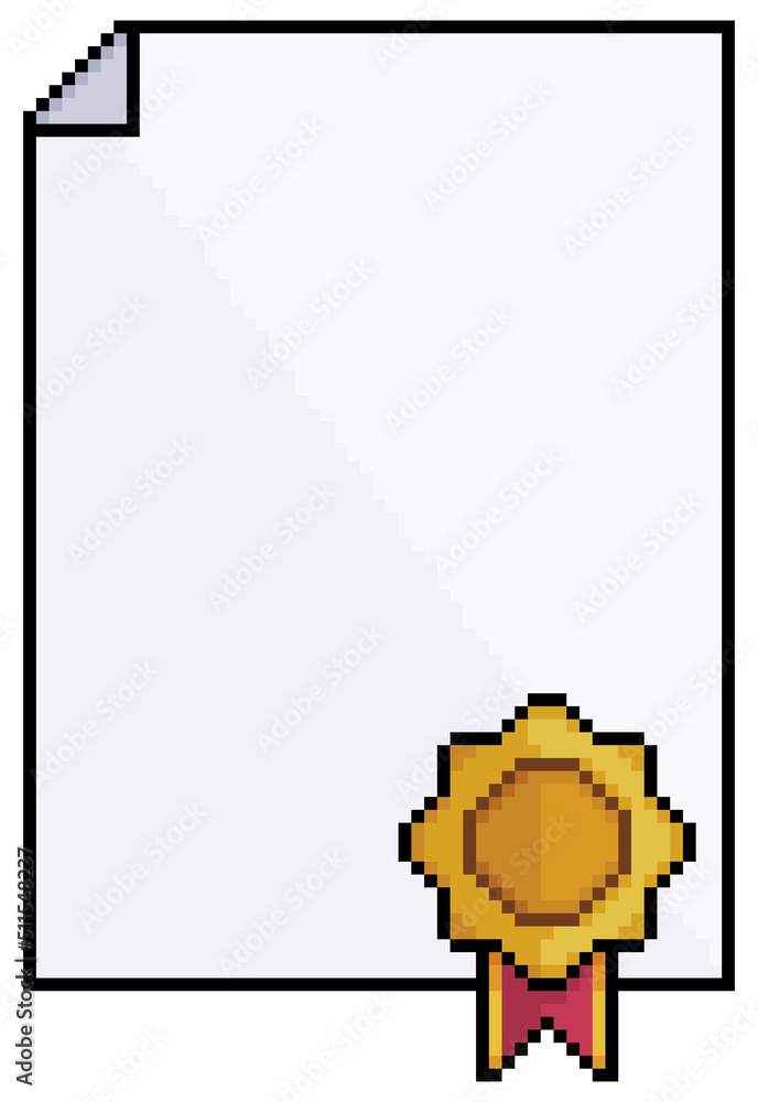 Pixel art blank paper with stamp vector icon for 8bit game on white ...