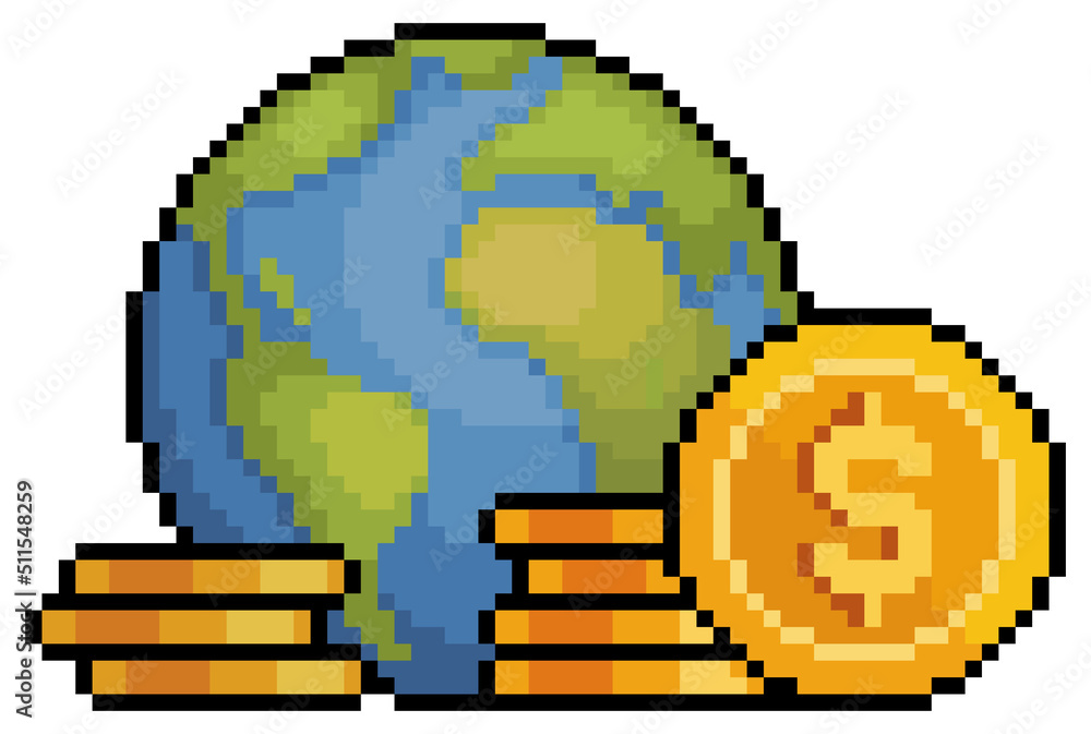 Pixel art planet earth with coins. money in the world vector icon for ...