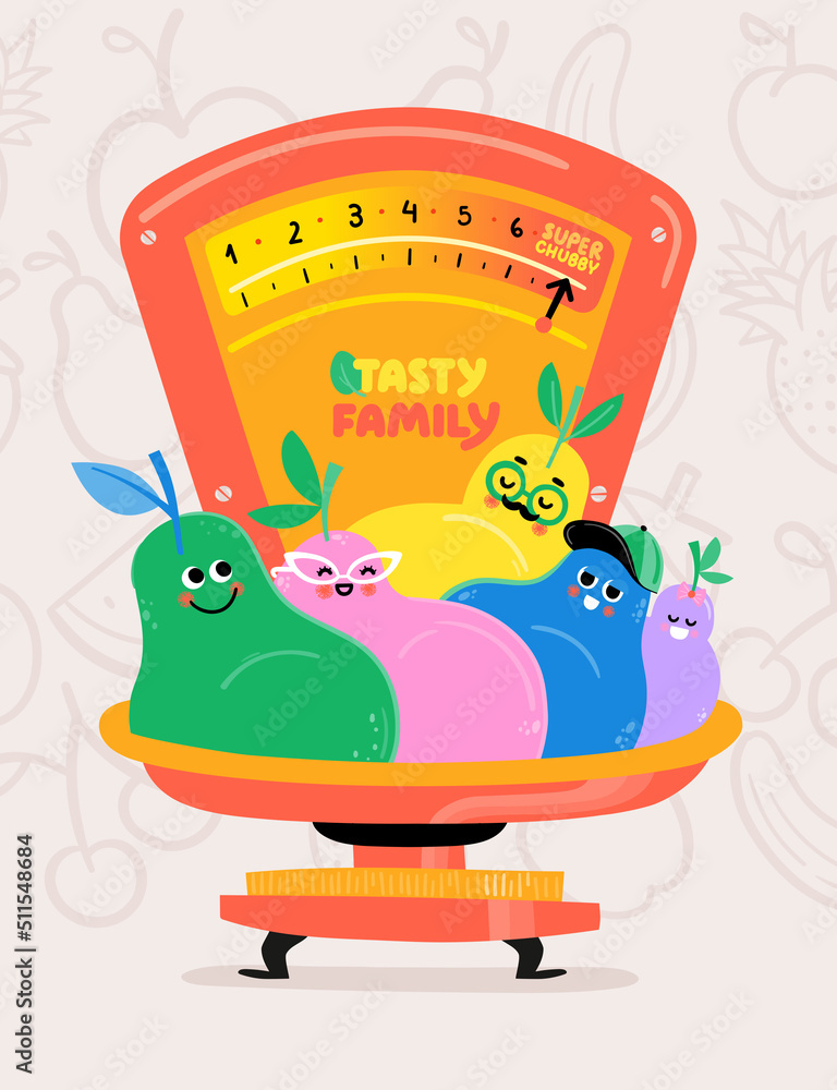 Tasty Family Chubby Pear Fruits Scale. Colorful Poster. Cutie Frutti ...