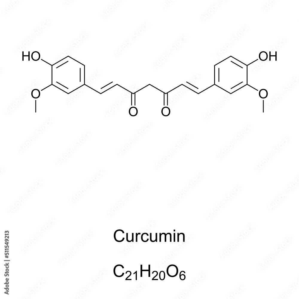 Curcumin, chemical formula and structure of the Keto form. Yellow ...