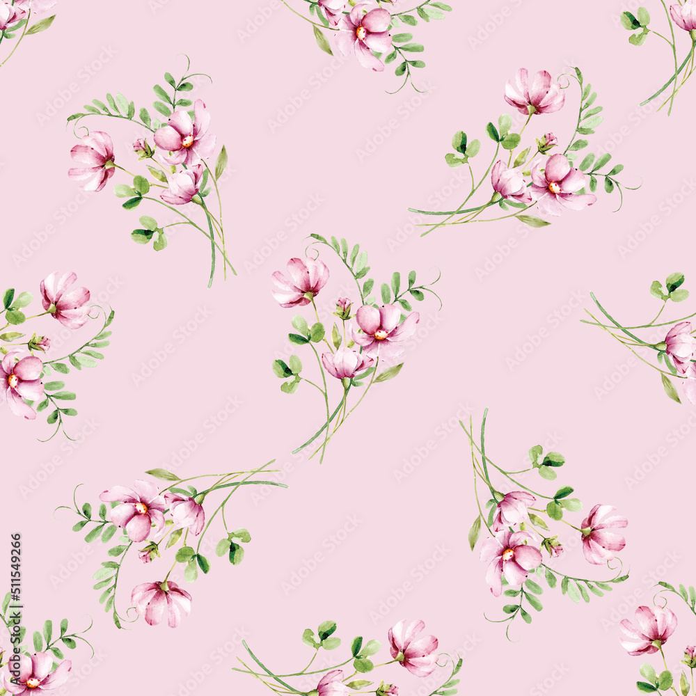 Seamless background, floral pattern with watercolor pink flowers ...