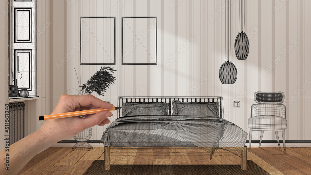 Empty white interior with parquet floor, hand drawing custom ...