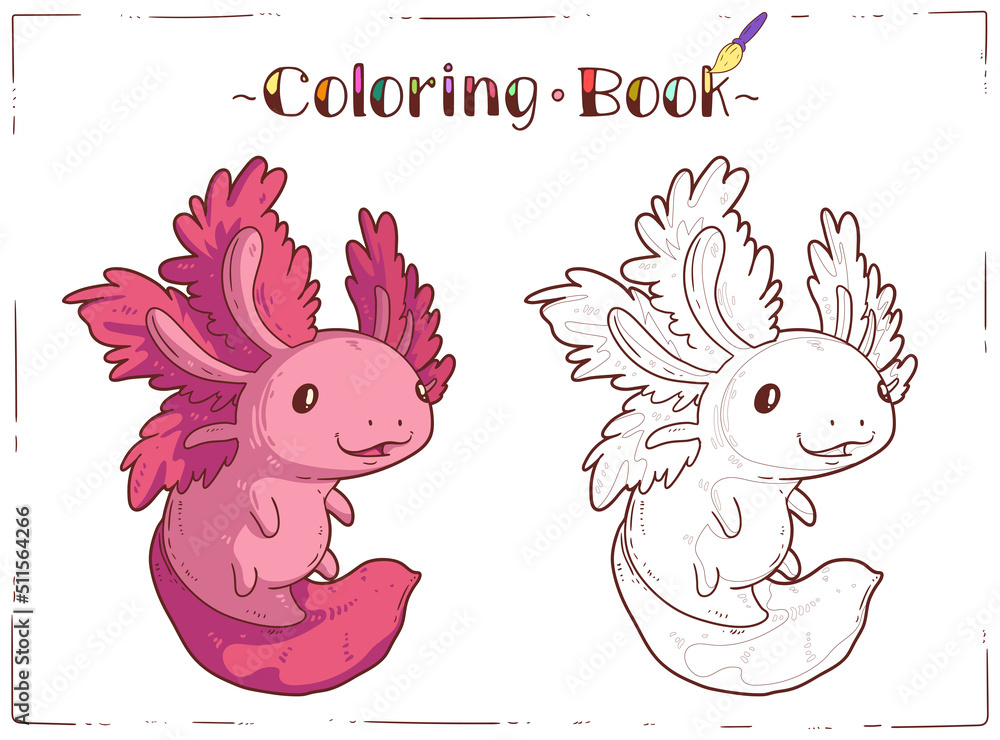 Axolotl, a Coloring Sheet. Cartoon outline picture of playful baby ...