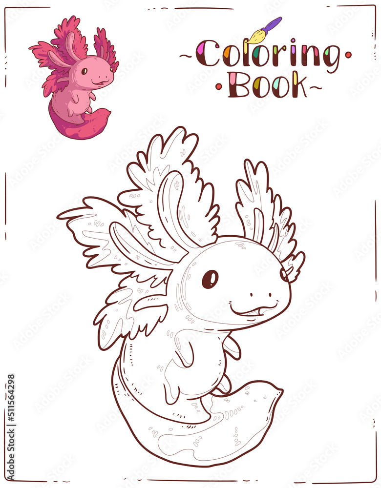 Axolotl, a Coloring Sheet. Cartoon outline picture of playful baby ...