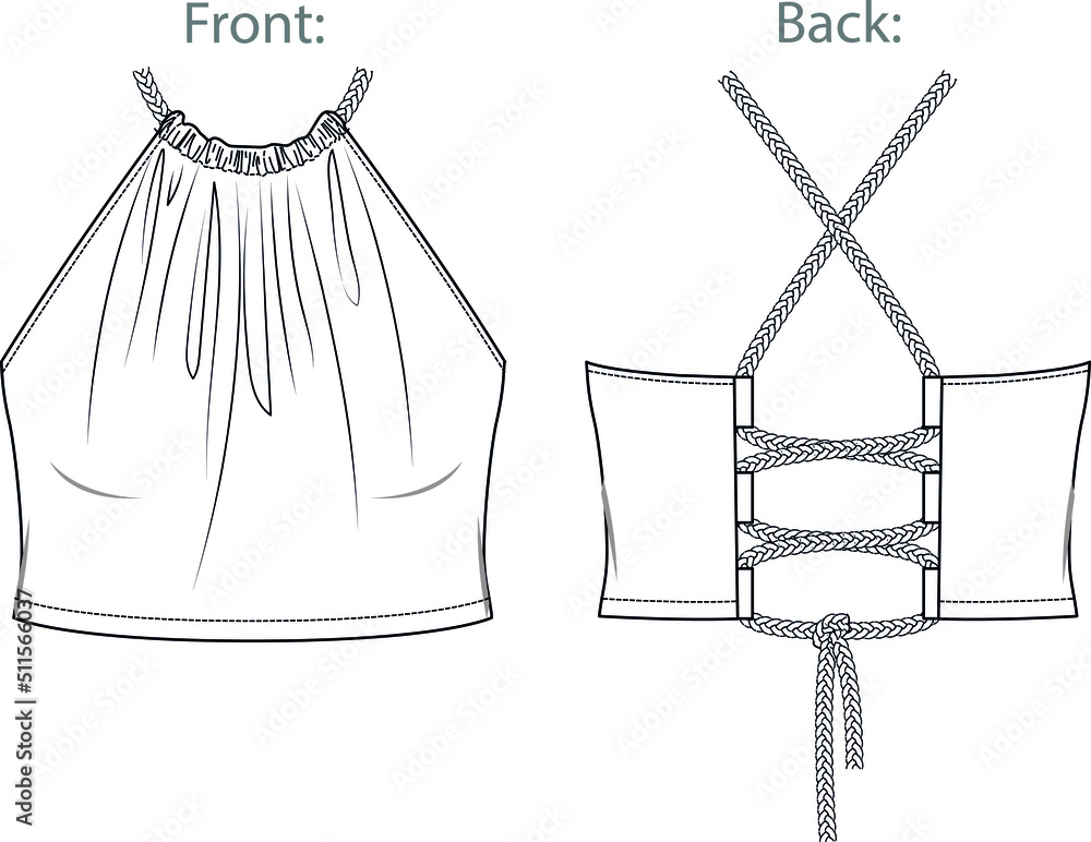 Vector woman halter neck blouse sketch, sleeveless tee fashion CAD ...