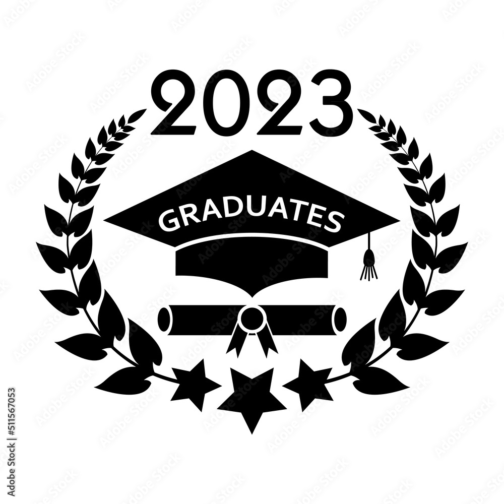 2023 Class of with Graduation Cap and laurel wreath. Cover of card for ...