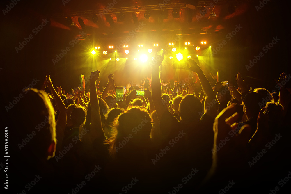 Concert crowd attending a concert, people silhouettes with backlit by ...