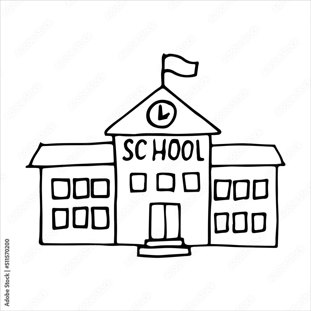 vector drawing in doodle style. school building. simple line drawing ...