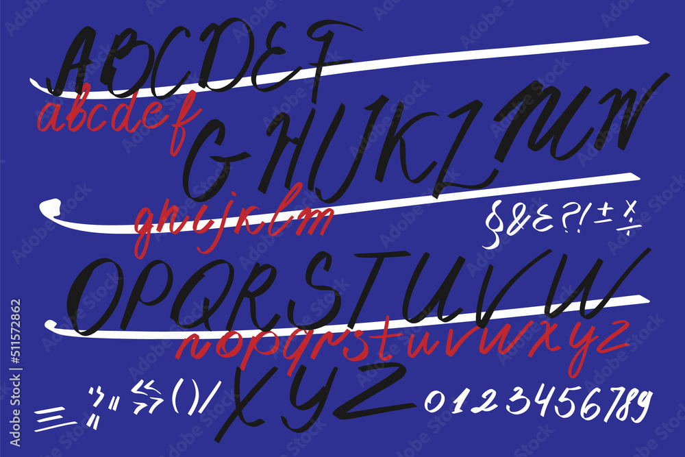 Cursive. Brush font. Uppercase letters, numbers, punctuation marks ...