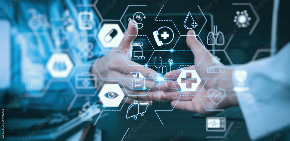 Health care and medical services concept with flat line AR interface ...