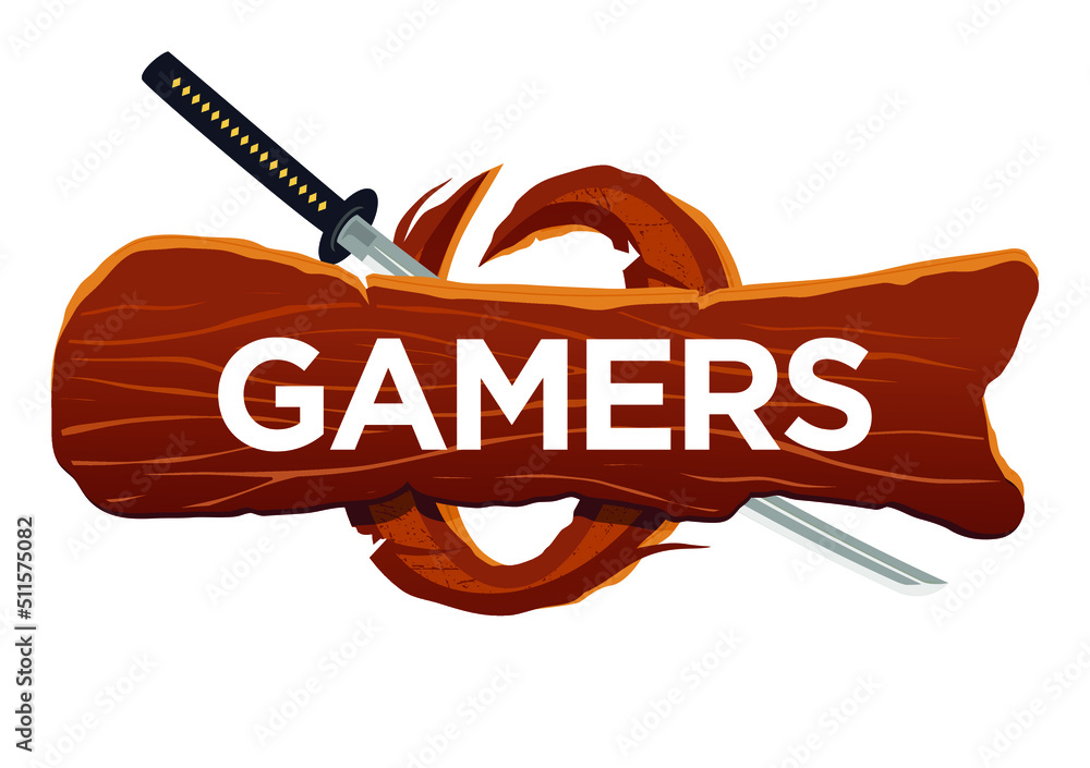 Gamers logo templates with wood texture emblem and sword on white ...