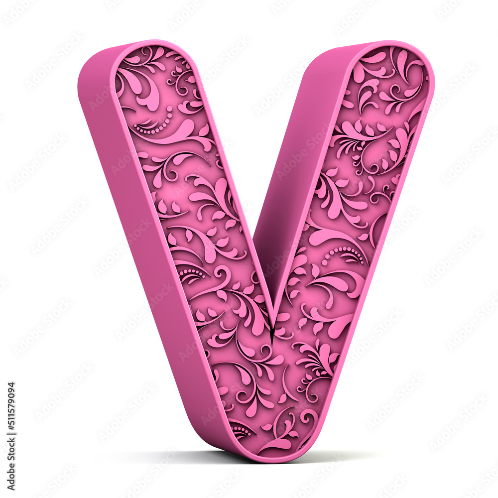3d floral alphabet V isolated on white background. 3d illustration ...