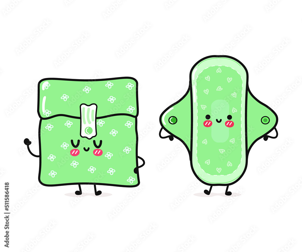 Cute, funny happy green menstrual pad. Vector hand drawn cartoon kawaii ...