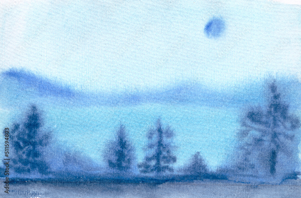 Watercolor blue landscape Stock Illustration | Adobe Stock