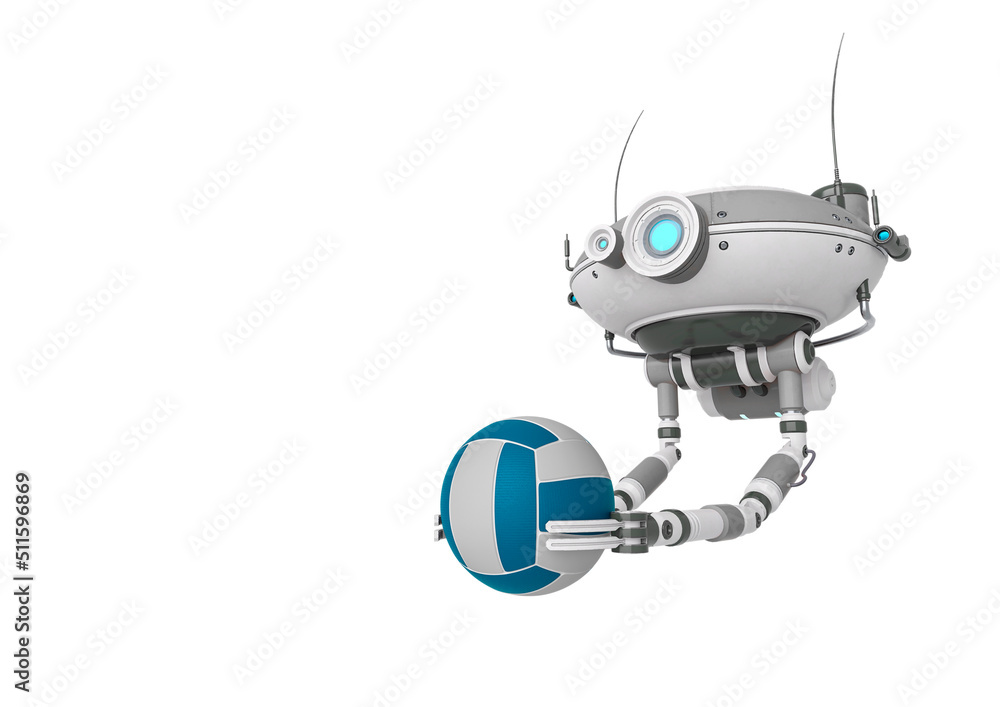 floating robot is holding volleyball ball in white background side view ...